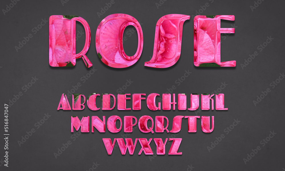 Pink rose alphabet with capital letters, textured 3D display font, bold ...