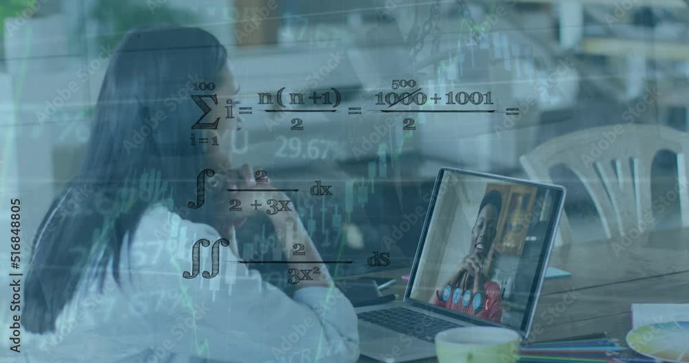 Animation of math formulas over biracial female teacher having online ...