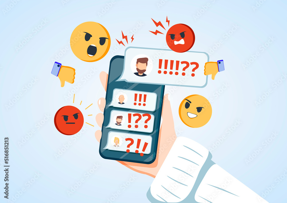 Hand holding phone with incoming bullying message in chat cartoon ...