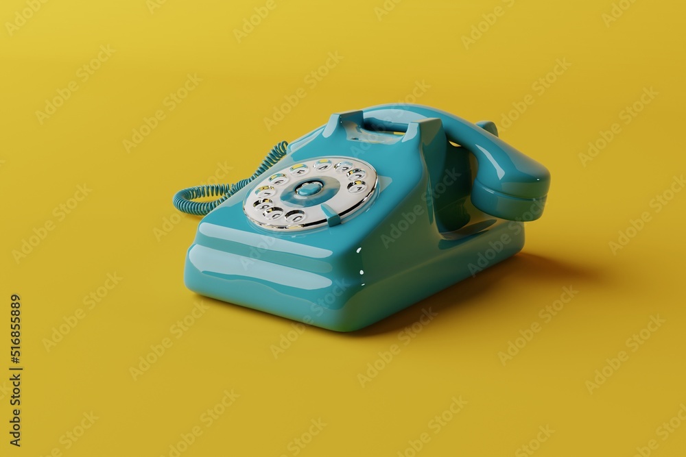Side view of a turquoise retro telephone with a dial of numbers ...