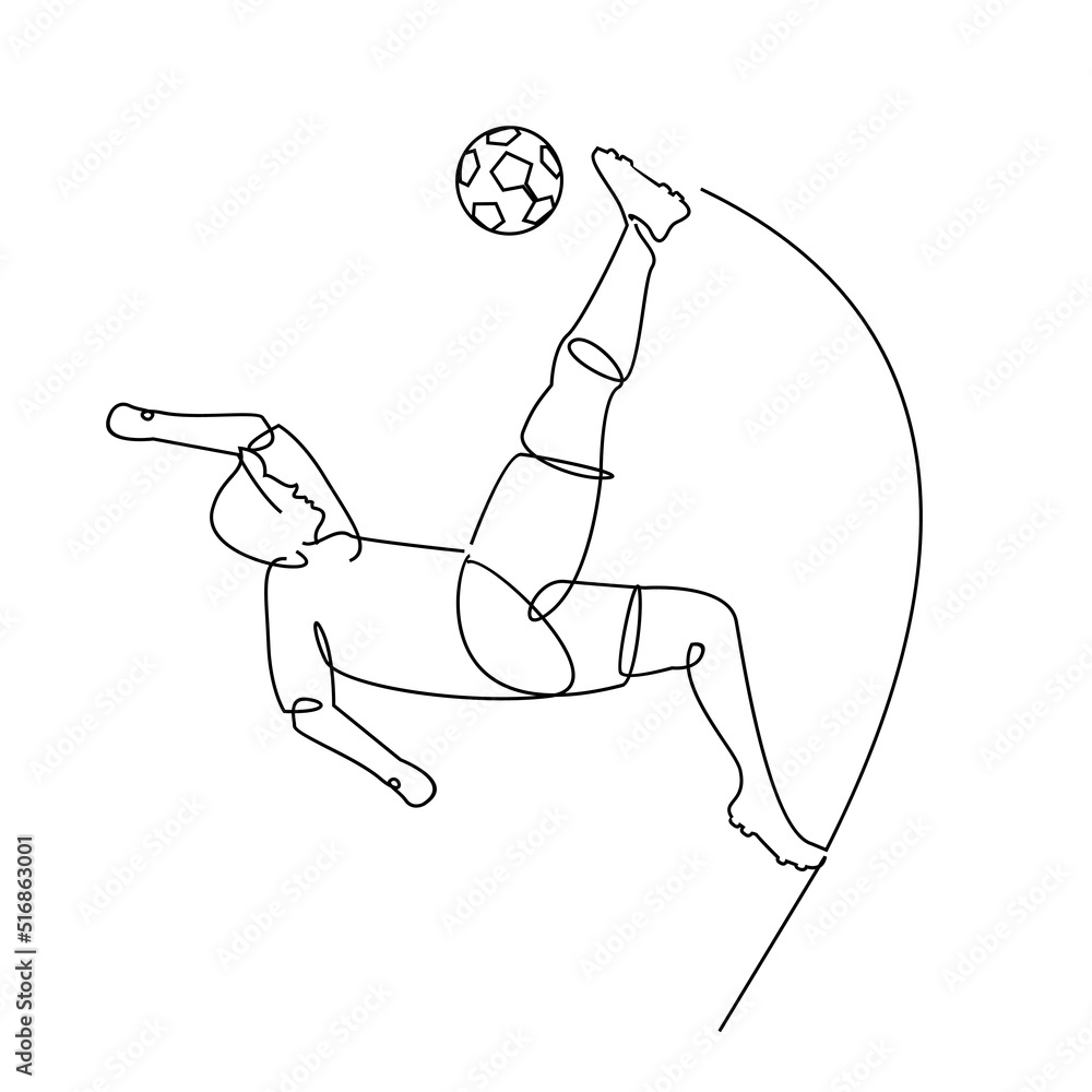 Continuous line drawing. Illustration shows a football player kicks the ...