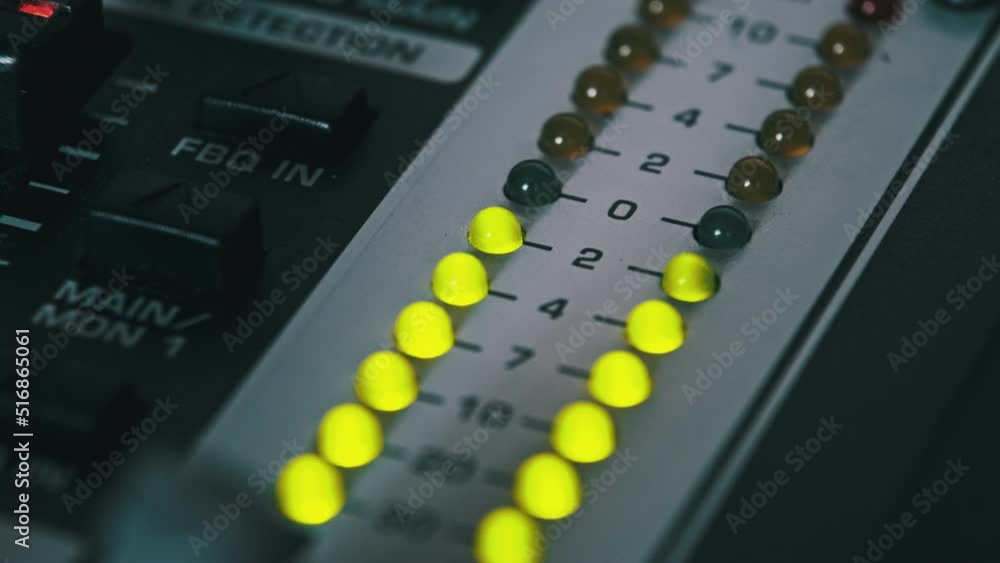 LED indicator of sound level signal on the mixing console. LED strip in ...