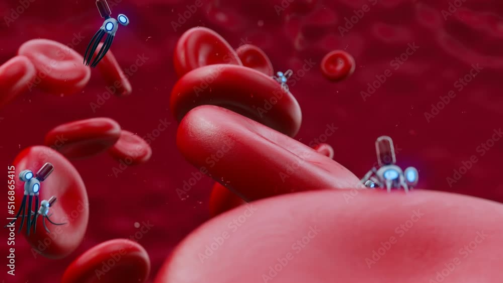 Futuristic concept of nanobots repairing human blood cells. CGI ...