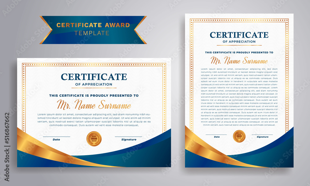 Vetor de Blue and gold certificate of appreciation border template with ...