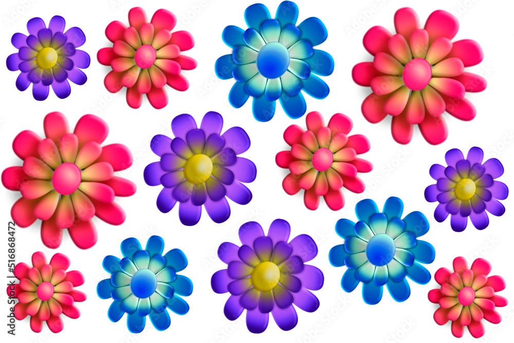 2d, 3d hybrid illustration of bright colored flower pattern background ...