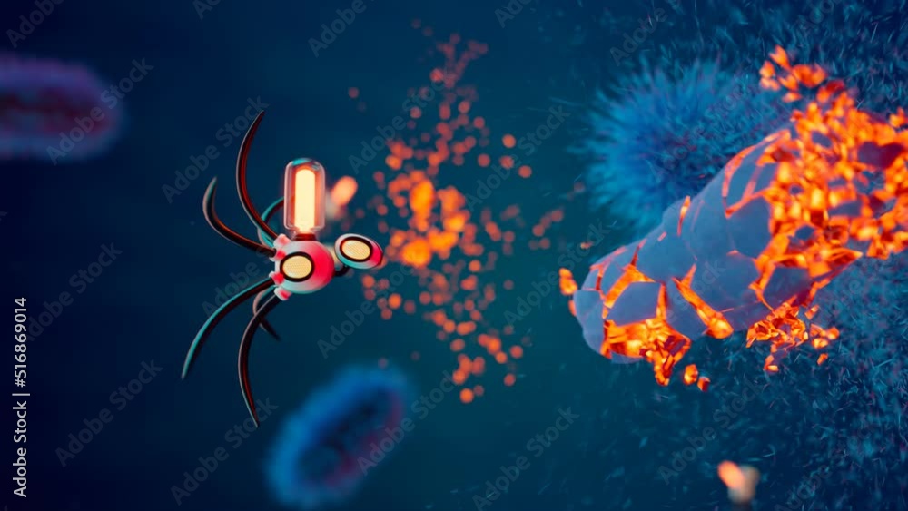 The futuristic concept of nanobots fights against bacterium cells ...