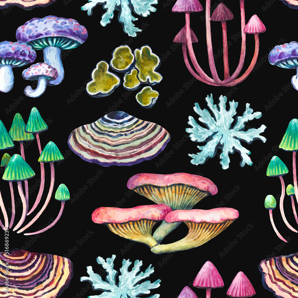 Seamless pattern with tree forest mushrooms and lichens. Realistic ...