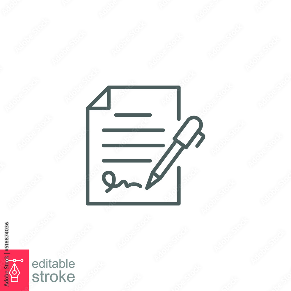 Pen signing contract icon. Simple outline style. Signature, paper, thin ...