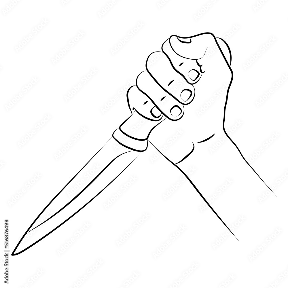Hand holds knife on white background. Hand holds large knife in an ...