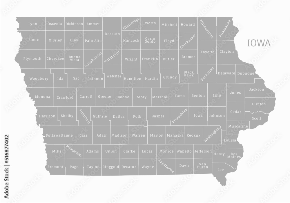 Highly detailed gray administrative map of Iowa, USA. Editable map of ...