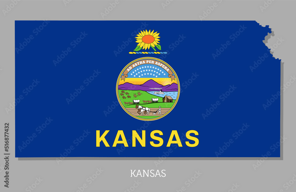 Map of Kansas USA federal state with flag inside. Highly detailed map ...
