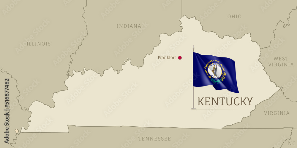 Map of Kentucky USA federal state with waving flag. Highly detailed ...