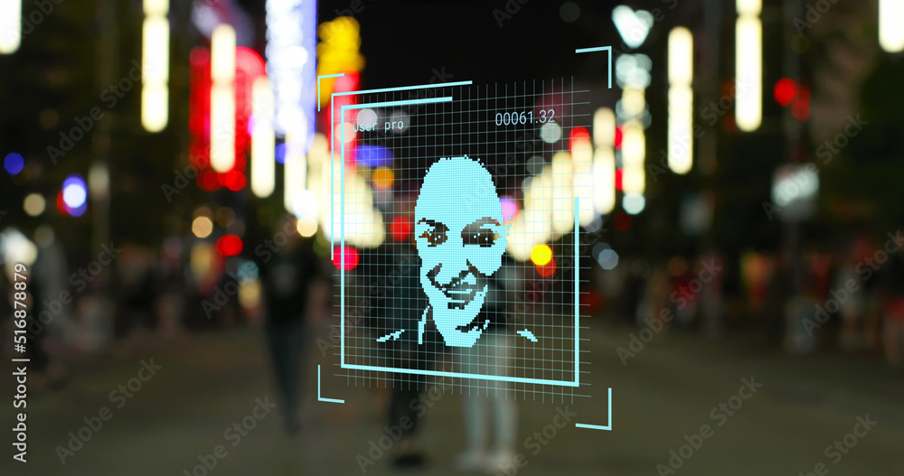 Image of digital profile portraits processing over city street at night ...