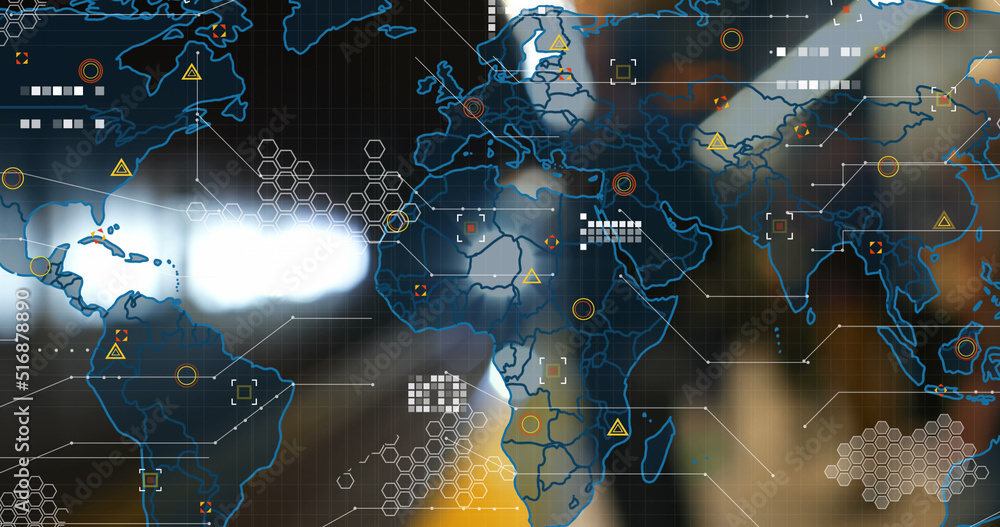Image of world map with data processing over underground train arriving ...