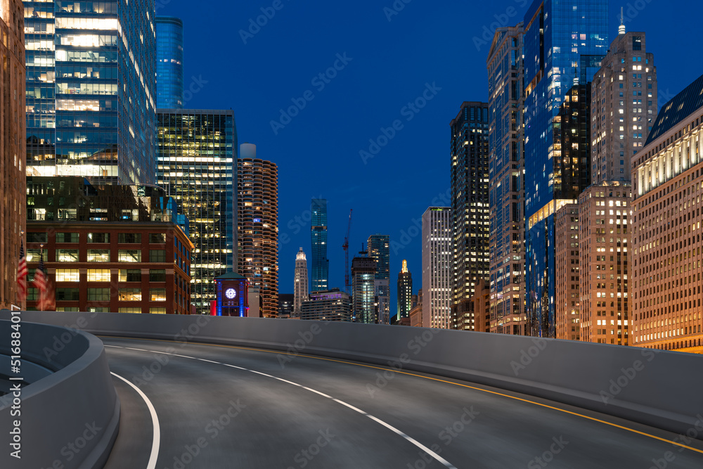 Empty urban asphalt road exterior with city buildings background. New ...