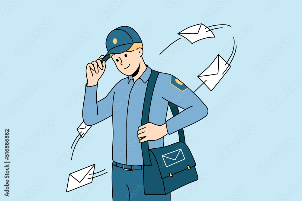 Smiling postman in uniform with bag full of post to deliver. Happy ...