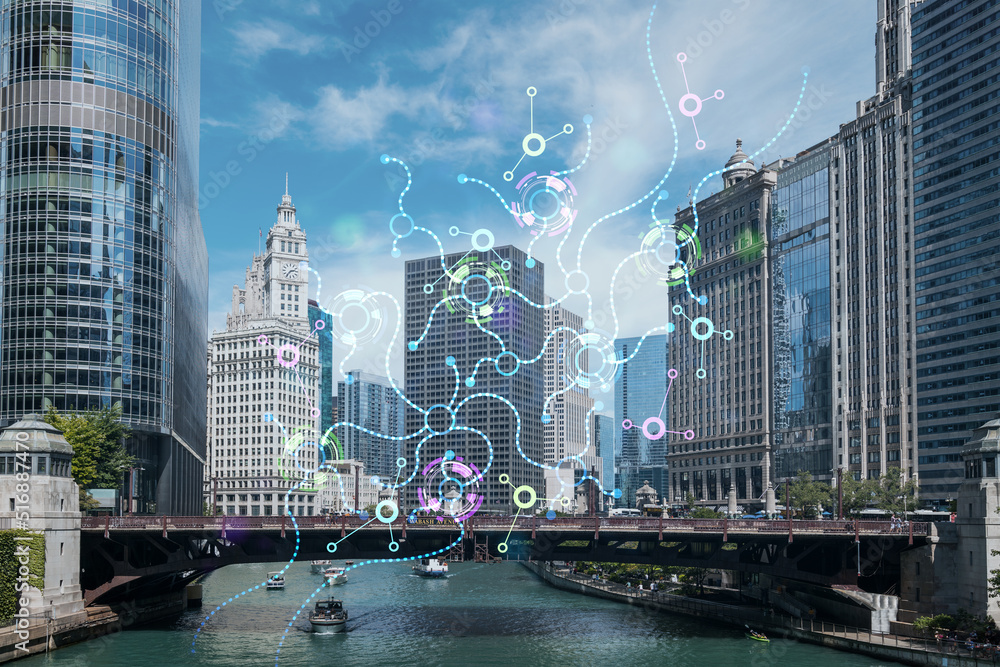 Panorama cityscape of Chicago downtown and Riverwalk, boardwalk with ...
