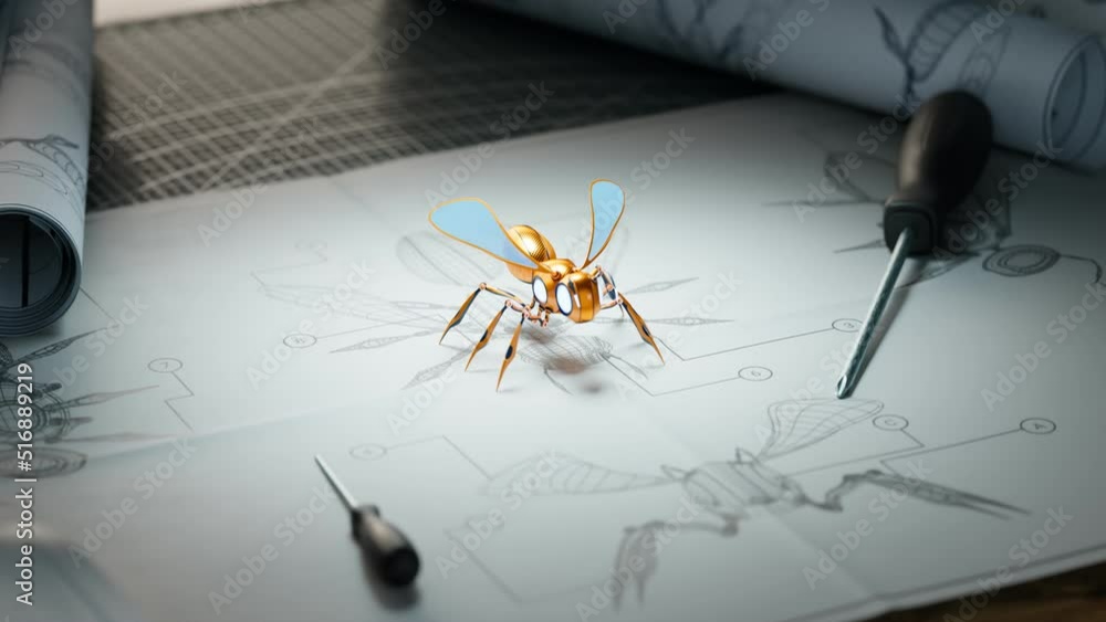 Assembled golden artificial bee robot standing on its blueprint ...