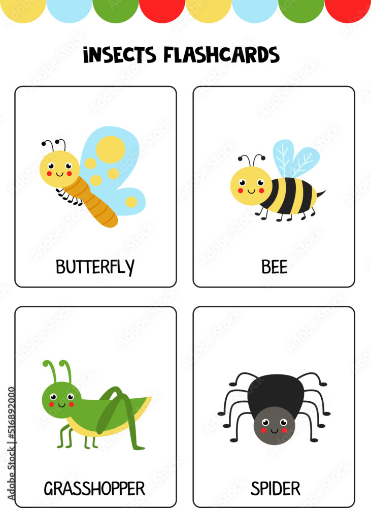 Cute cartoon insects with names. Flashcards for children. Stock Vector ...