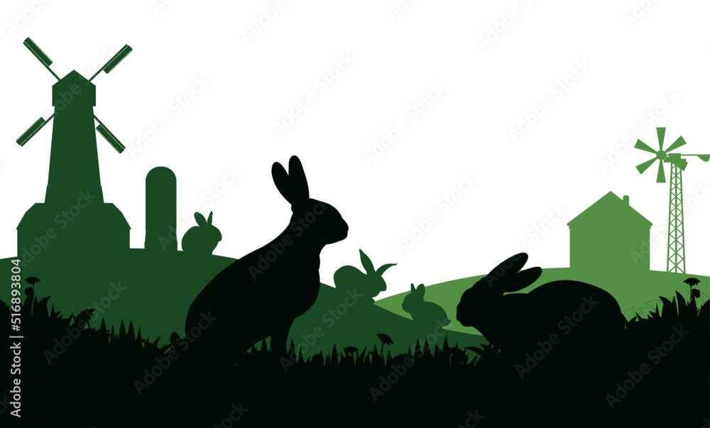 Rabbits are grazing. Picture silhouette. Rural landscape with farmers ...