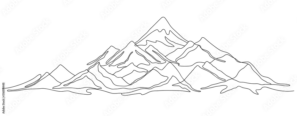 One line mountains landscape. Panoramic mountain range with snowy peak ...