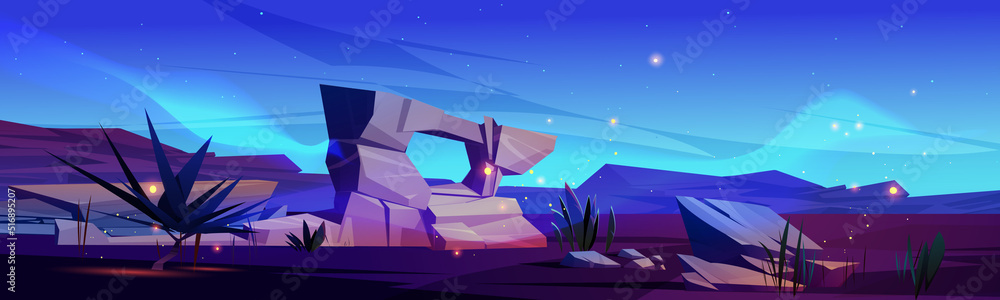 Western desert landscape at night. Vector cartoon illustration of ...