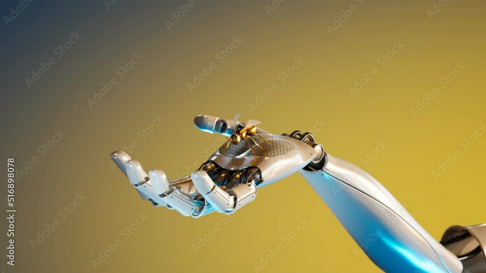 Smart mechanical bee flying from robot hand. Futuristic concept. CGI ...