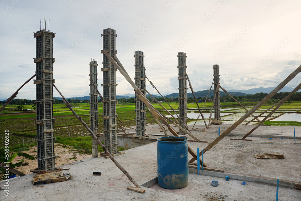 Concrete column formwork on the second floor of a building ...