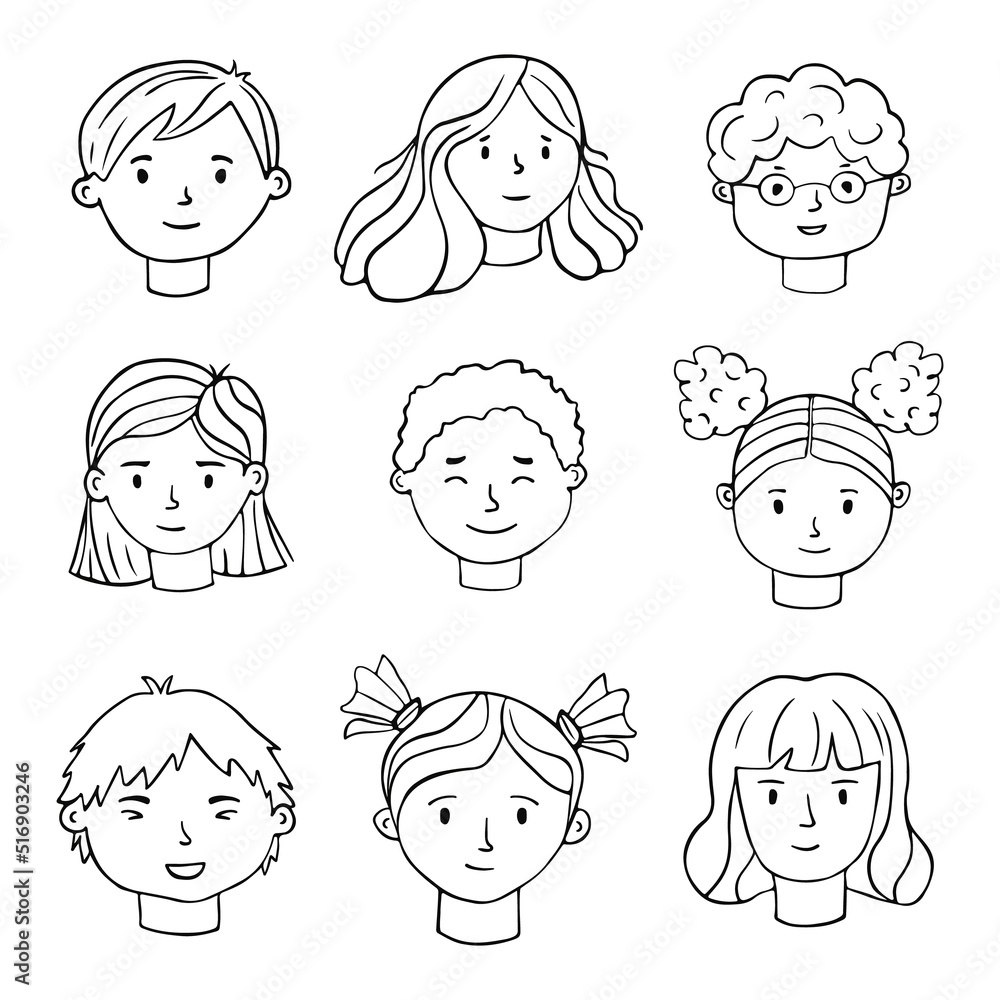 Set of hand drawn human faces. People's faces in doodle style ...