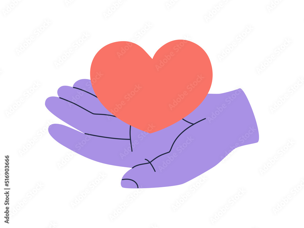 Heart in the palm, simple icon. Concept or charity, support, help. Hand ...