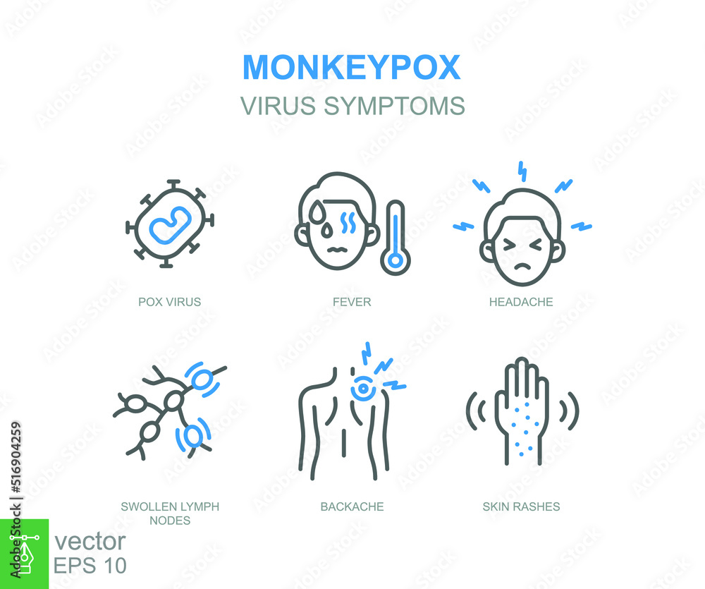 Vecteur Stock Monkeypox virus symptoms icon. Pox virus, fever, headache ...