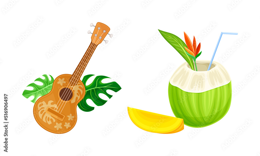 Ukulele guitar and coconut cocktail. Hawaiian symbols cartoon vector ...