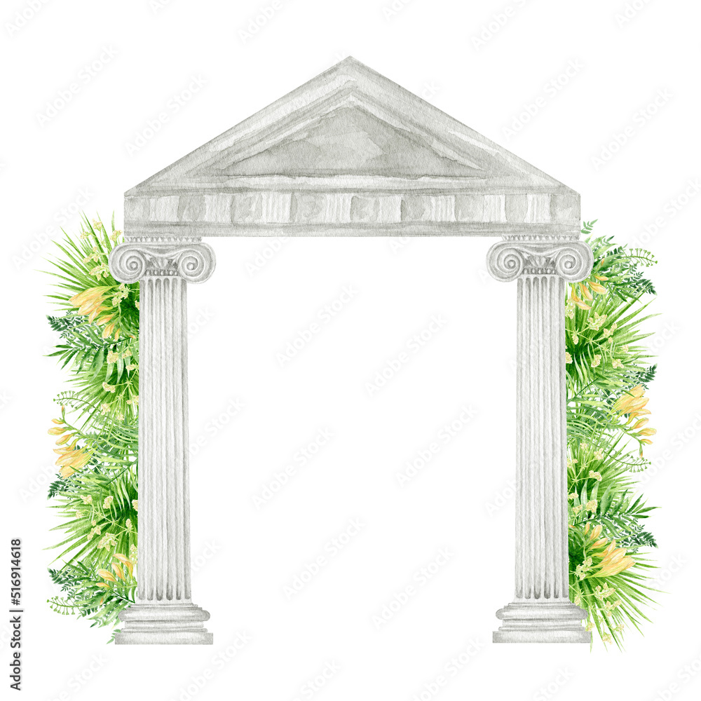 Watercolor antique Ionic column with tropical leaves flowers, Ancient ...