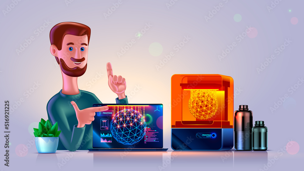 3D character of smiling man with 3d printer showing 3d printing ...