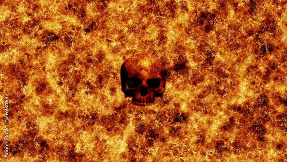Skull burning hell fire background. Human skull over a devilish fire ...