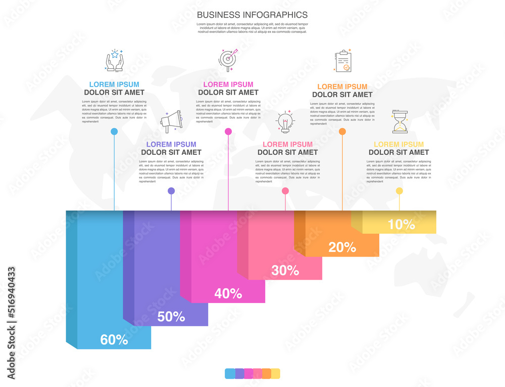 Vector creative infographic of columns bar chart with six options ...