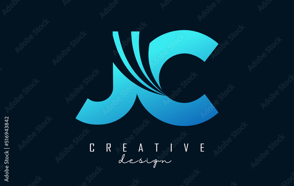 Creative blue letters JC J C logo with leading lines and road concept ...