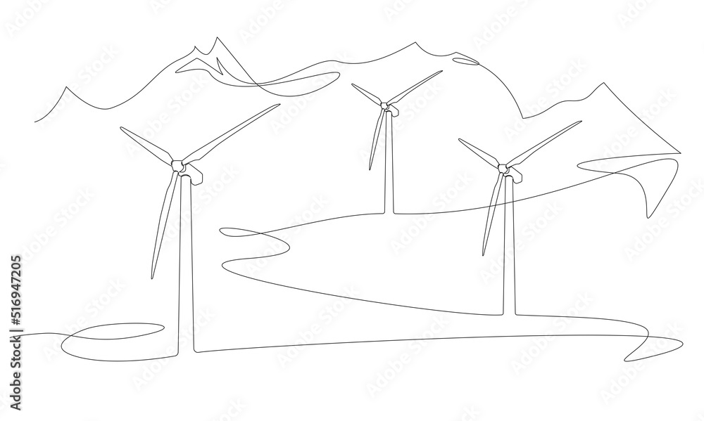 continuous single line drawing of wind turbines in mountain landscape ...