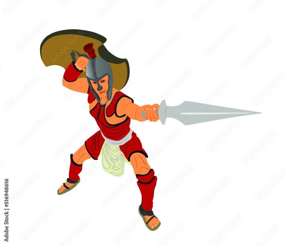 Greek hero ancient soldier Achilles with sword and shield in battle ...