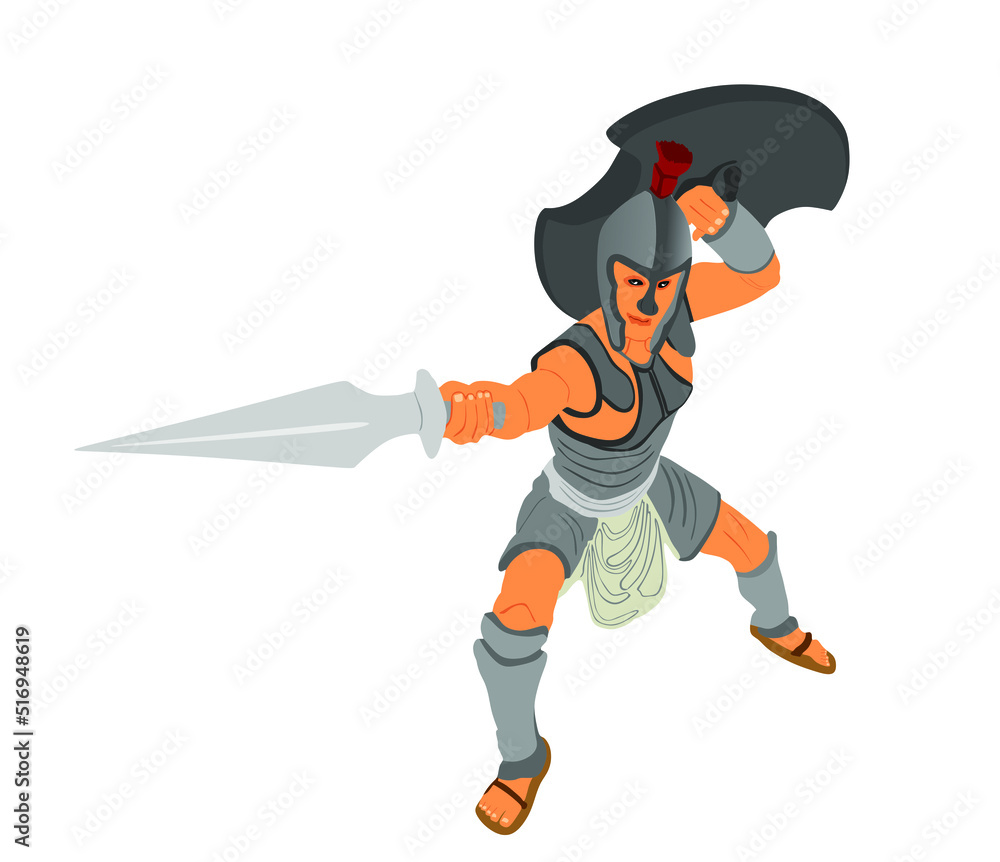 Greek hero ancient soldier Achilles with sword and shield in battle ...