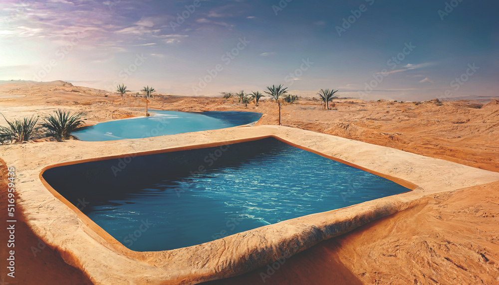 Sea water pool in the middle of a sandy desert. Rest in an oasis ...