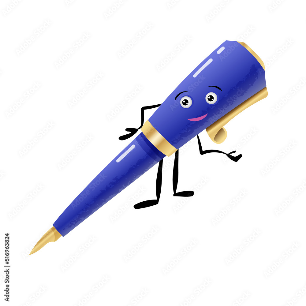 funny pen character with smiling human face. Blue fountain pen vector ...