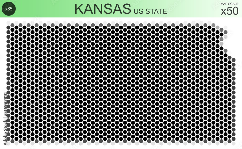 Dotted map of the state of Kansas in the USA, from circles placed in ...