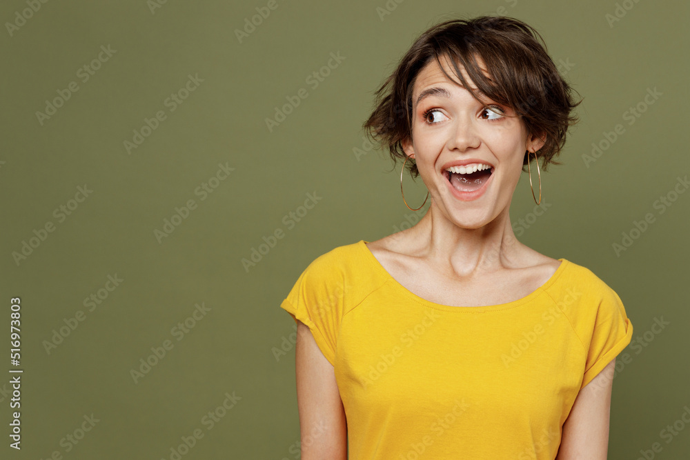 Young happy surprised amazed shocked impressed woman she 20s wear ...