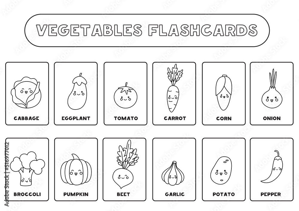 Black and white vegetables flashcards for kids. Stock Vector | Adobe Stock