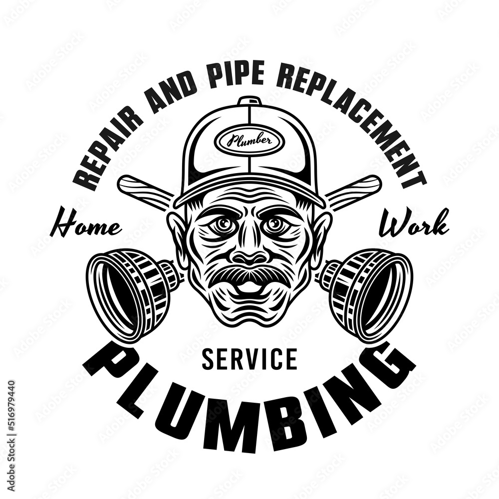 Plumber man in cap hat and two crossed plungers vector vintage emblem ...