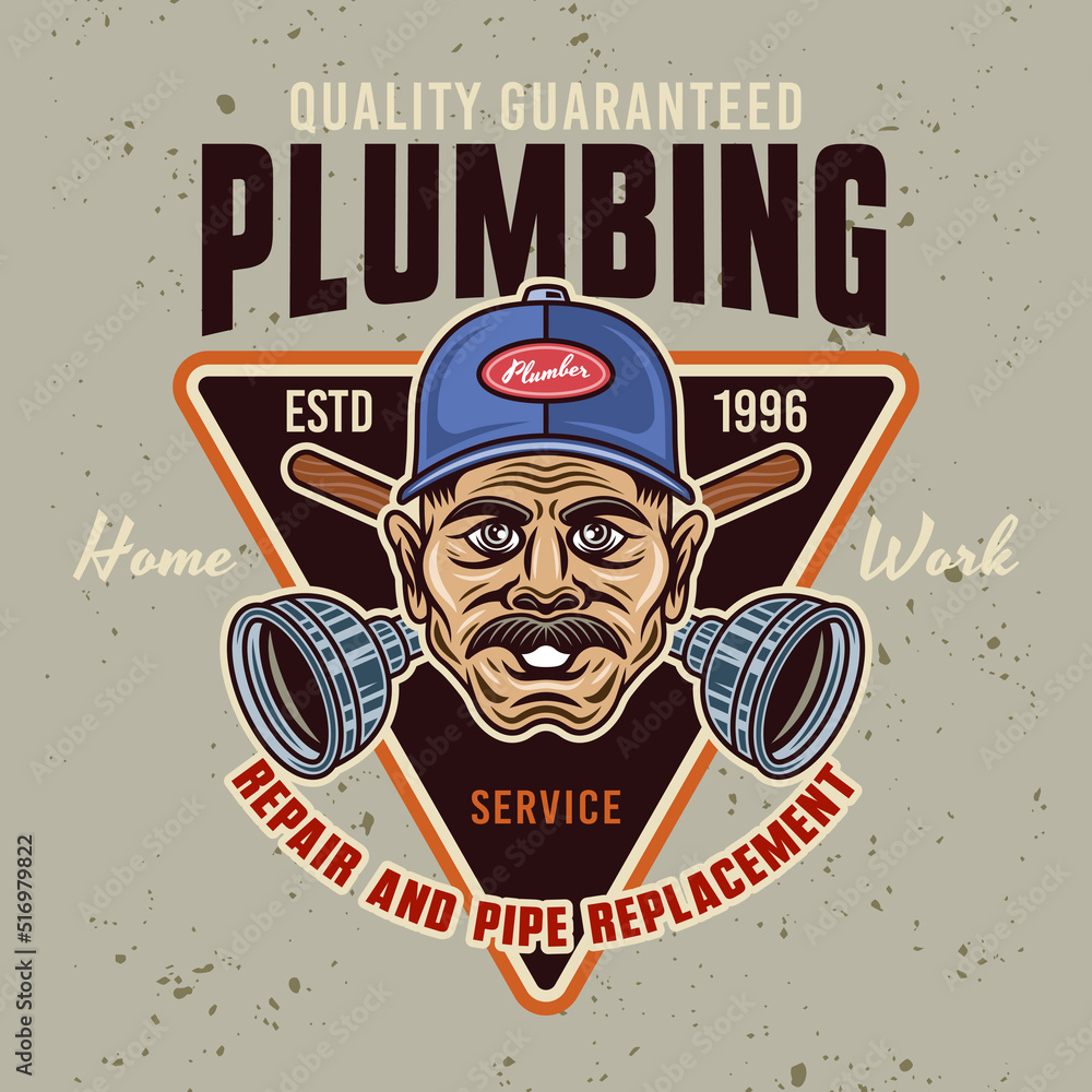 Plumbing service and pipe replacement vector vintage emblem, label ...