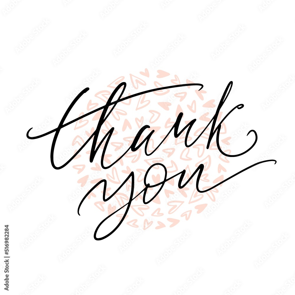 Thank you hand written words on tiny hearts fill round backdrop ...