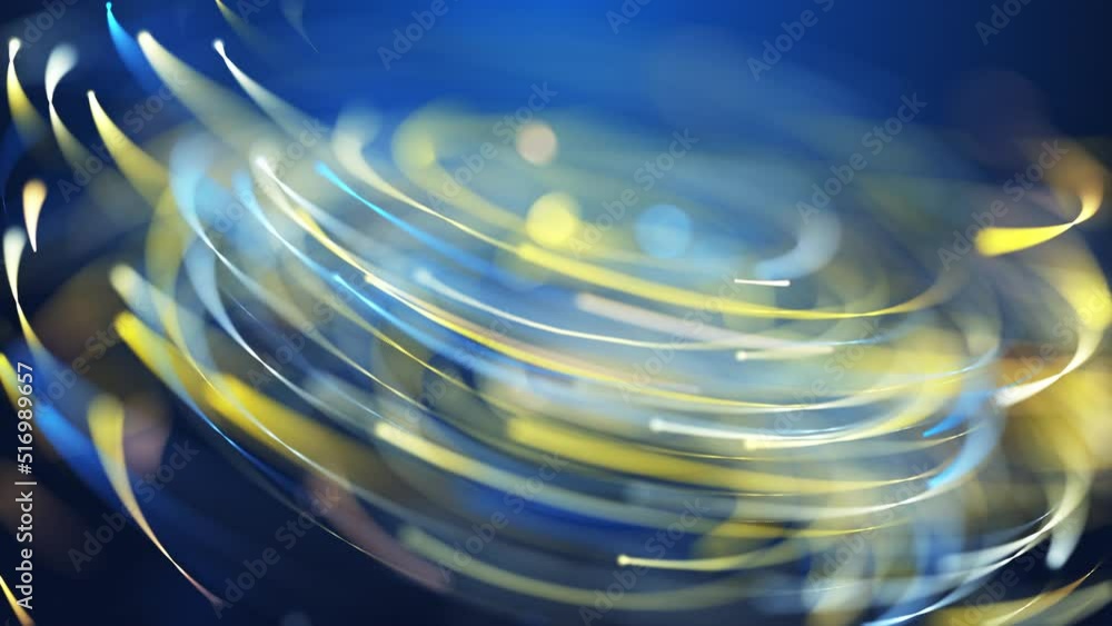 3D Abstract blue and yellow particles vortex design. Digital light glow ...