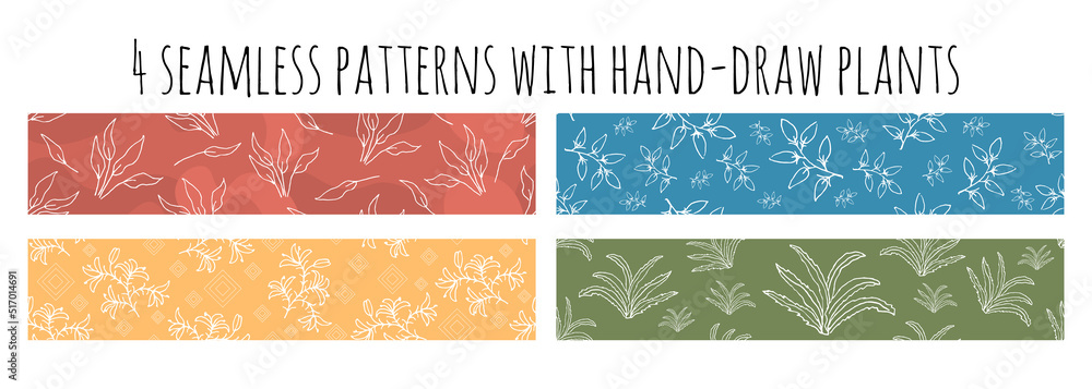 Set of 4 seamless rectangular patterns with white plants and flowers in ...